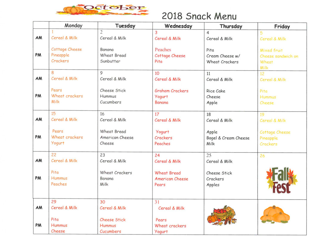 Daycare Rockville | Snack Menus